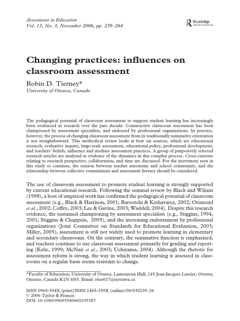 Changing Practices: Influences On Classroom Assessment: Robin D ...