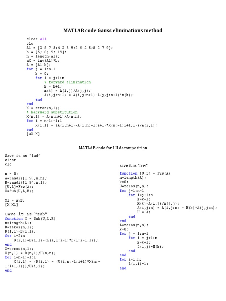 MATLAB Code Gauss Eliminations Method: % Forward Elimination | PDF | Applied Mathematics ...