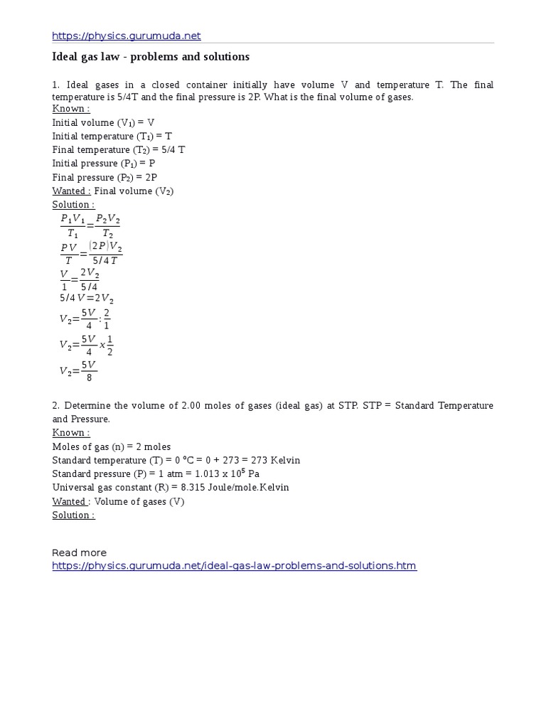 Ideal Gas Law Problems and Solutions | PDF