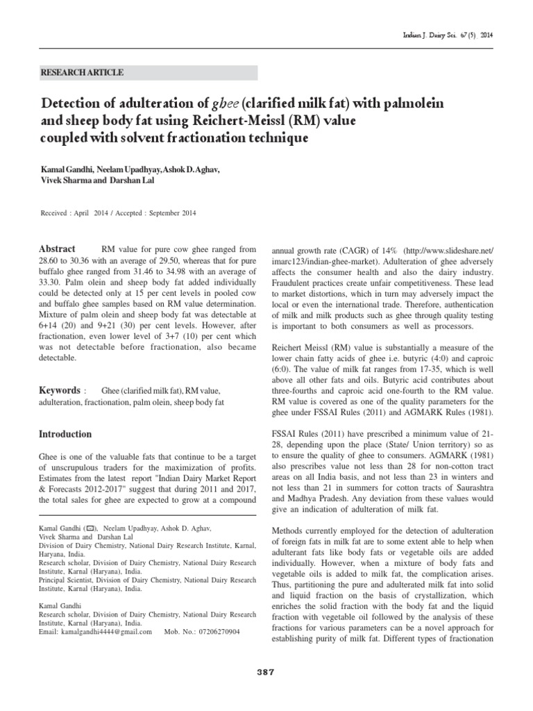 Detection of Adulteration of Ghee (Clarified Milk Fat) With Palmolein ...