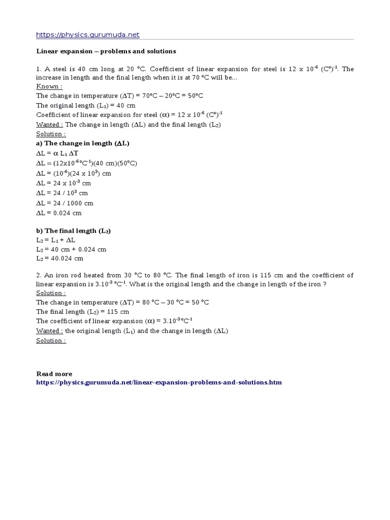 Linear Expansion Problems and Solutions | PDF | Materials | Physics