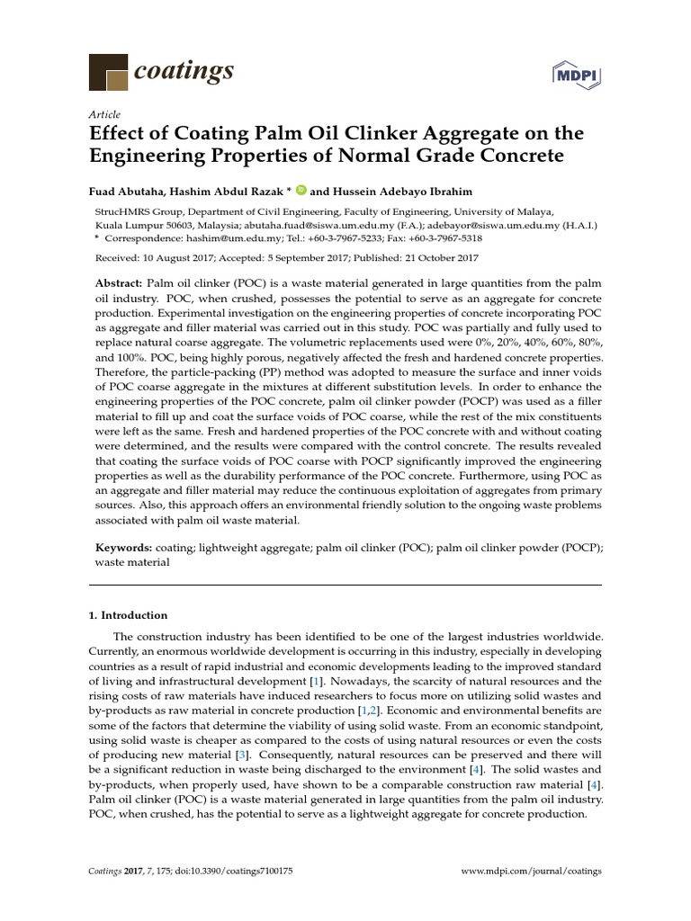 Coatings: Effect of Coating Palm Oil Clinker Aggregate On The ...