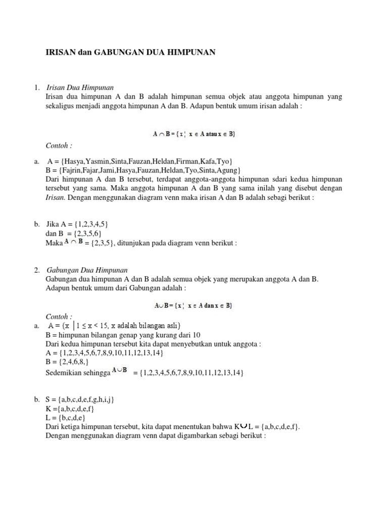 Operasi Irisan dan Gabungan Himpunan | PDF | Metode & Bahan Ajar
