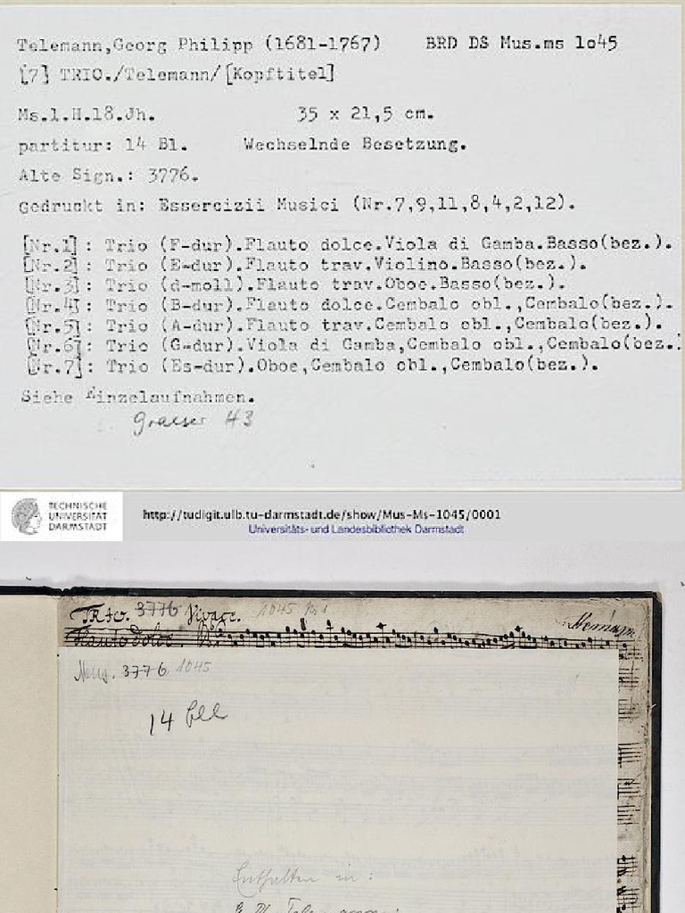 Georg Philipp Telemann - Essercizii Musici - Manuscript | PDF