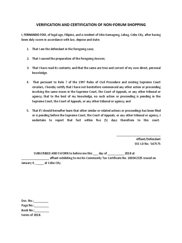 Non-Forum Shopping Certification Document | PDF