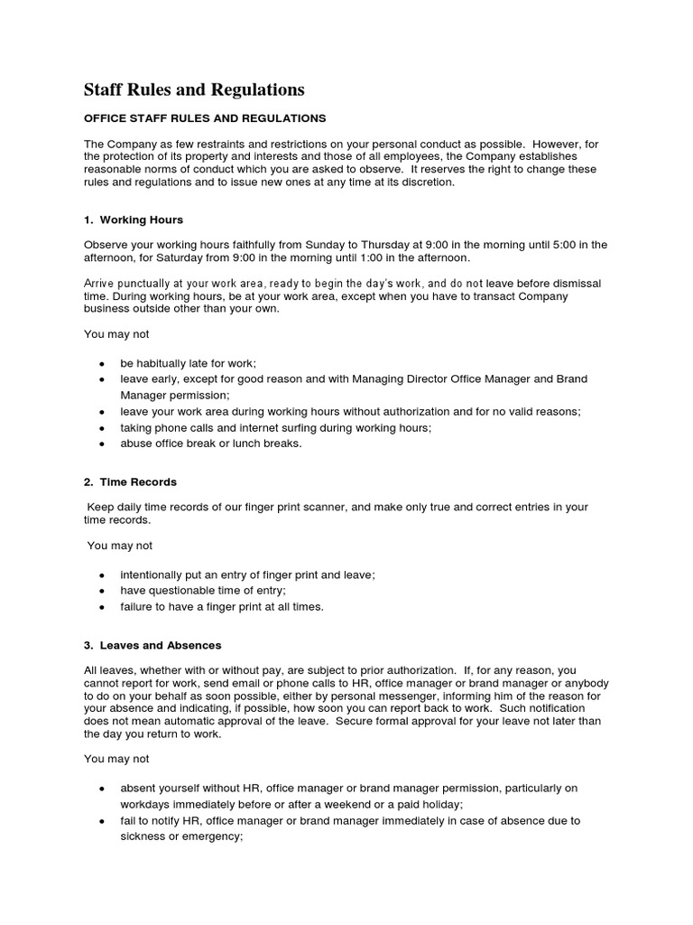 Staff Rules and Regulations Overview | PDF | Confidentiality | Working Time