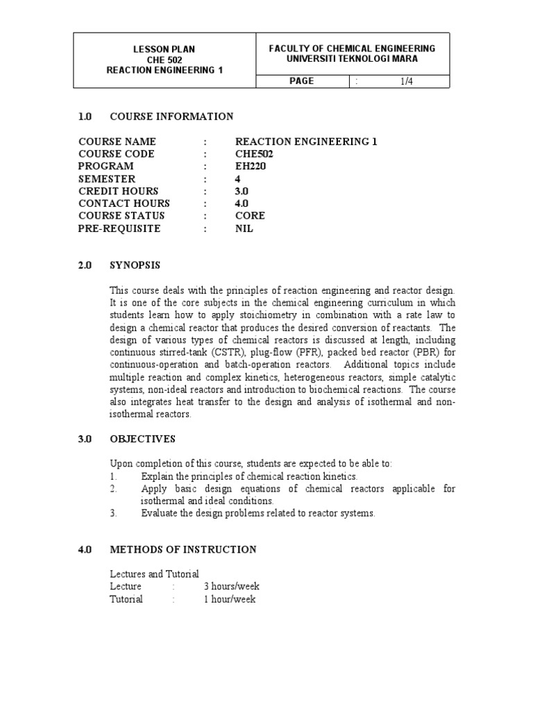 Lesson Plan Reaction Engineering 1 | PDF | Chemical Reactor | Reaction Rate