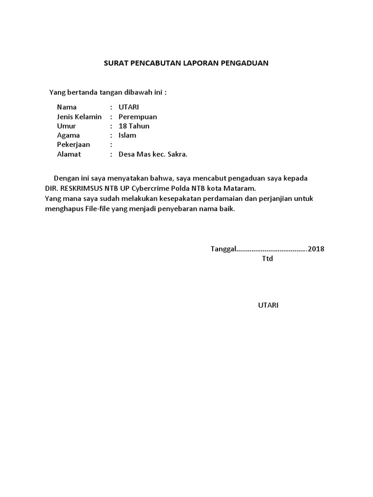 Surat Pencabutan Laporan Pengaduan | PDF