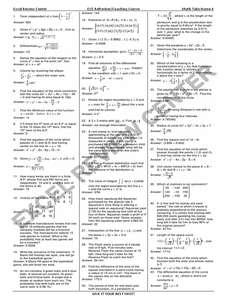 Excel Review Center ECE Refresher/Coaching Course Math Take Home 4 ...