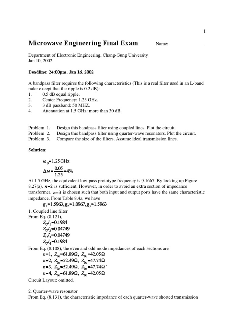 Microwave Engineering Final Exam | PDF | Filter (Signal Processing ...