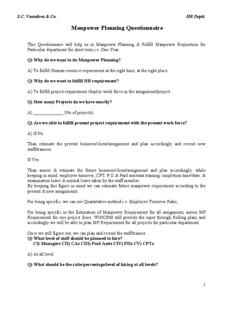 Manpower Planning Questionnaire | Human Resources | Human Resource ...