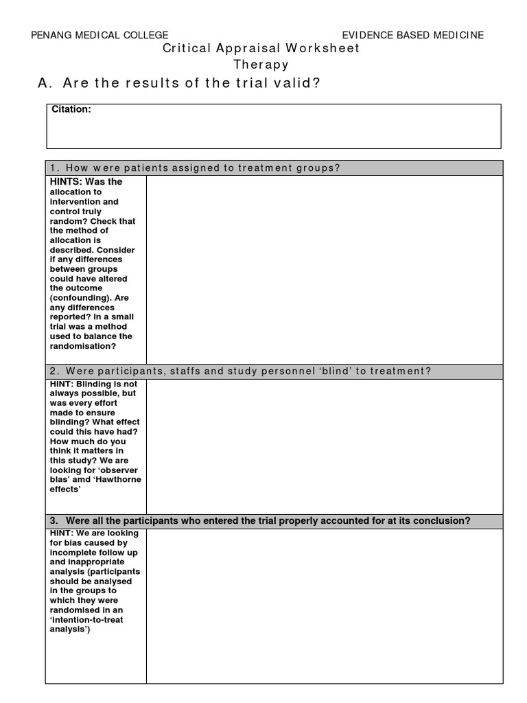 Therapy Blank Critical Appraisal Worksheet | PDF | Evidence Based ...