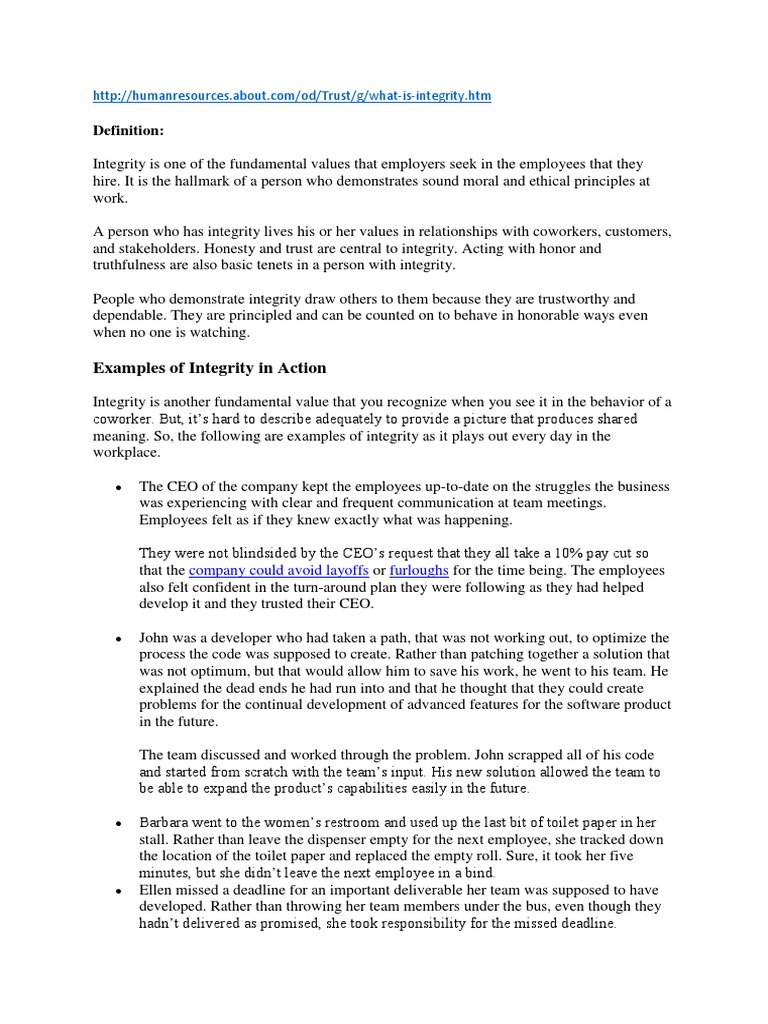 Definition:: Examples of Integrity in Action | PDF | Integrity ...