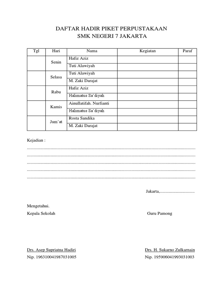 Daftar Hadir Piket Perpustakaan | PDF