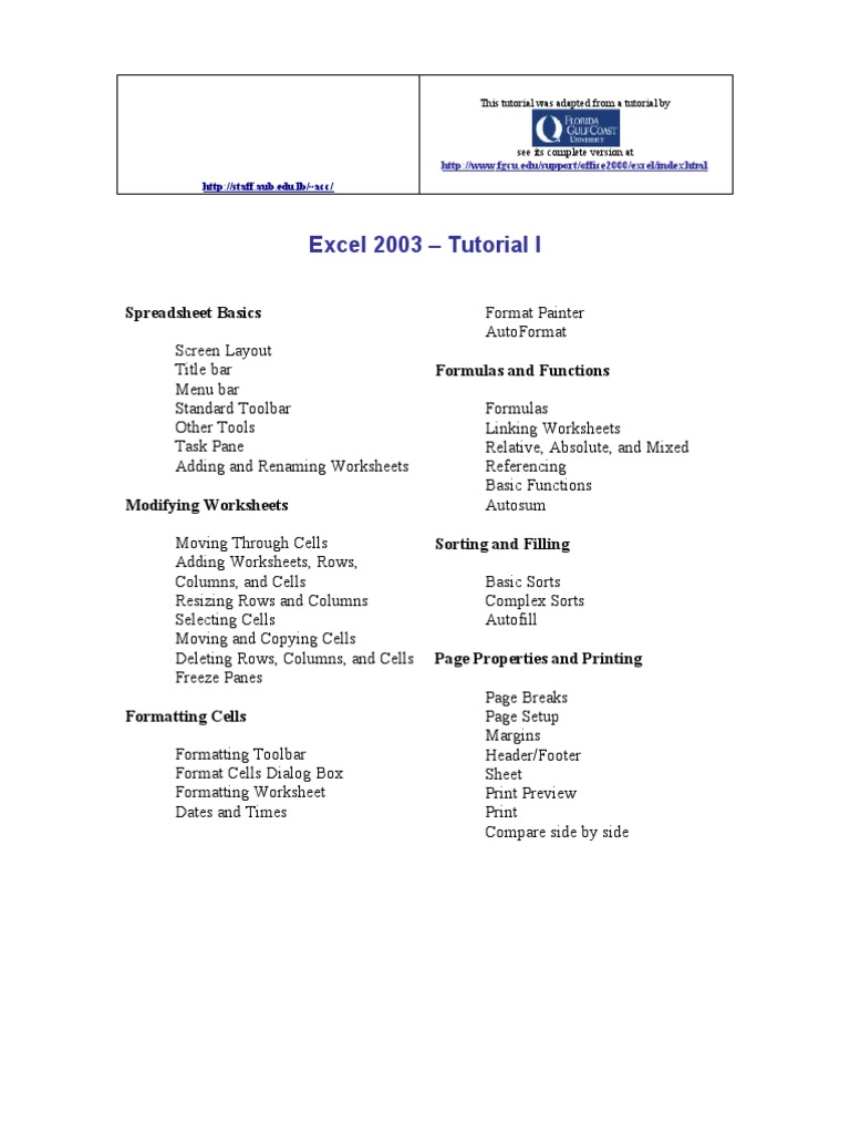 Excel I 2003 Tutorial | Download Free PDF | Microsoft Excel | Spreadsheet