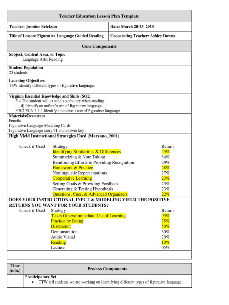 Teacher Education Lesson Plan Template | PDF | Lesson Plan | Behavior ...