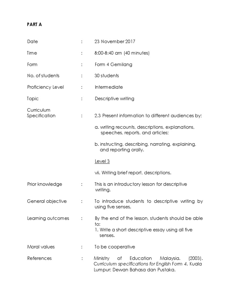 Descriptive Writing Lesson Plan | PDF | Essays | Teachers