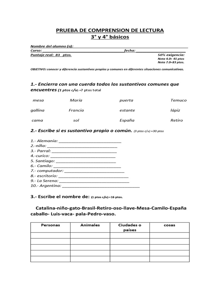 Prueba de Sustantivos 3 y 4 | PDF | Ocio