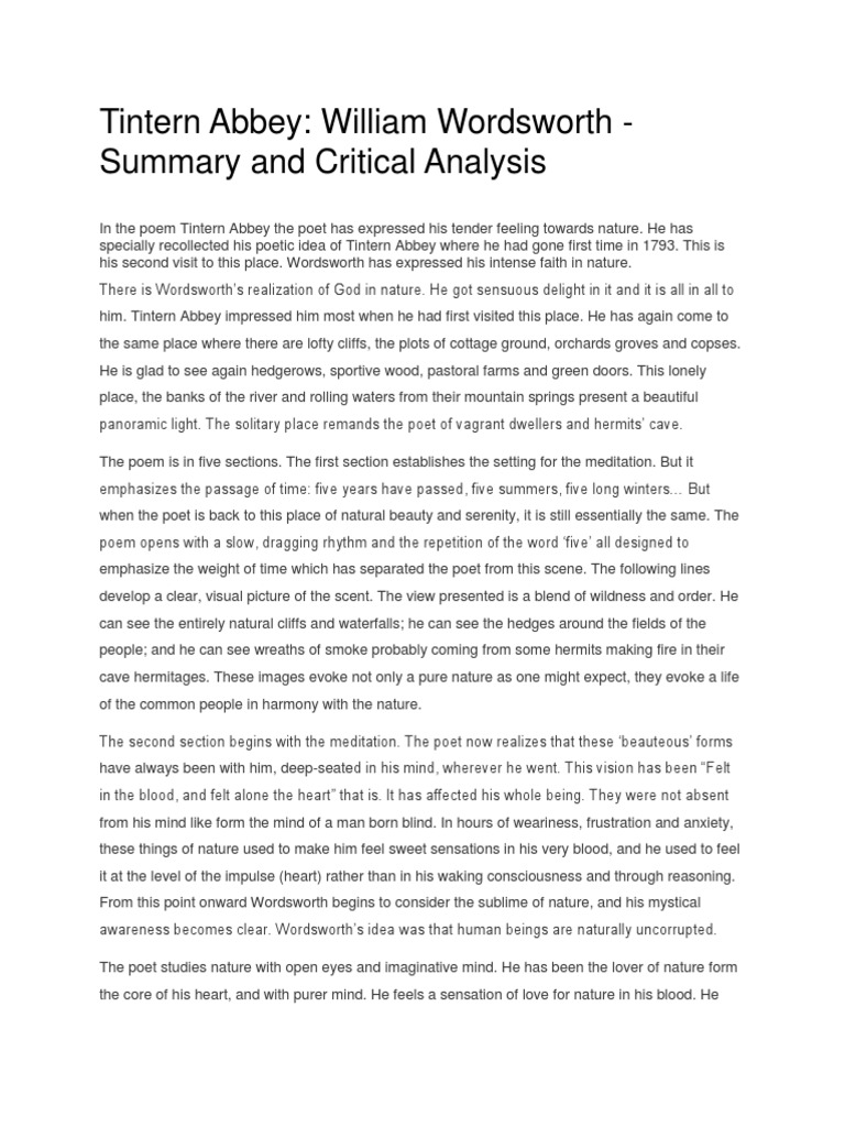 Tintern Abbey: William Wordsworth - Summary and Critical Analysis | PDF ...