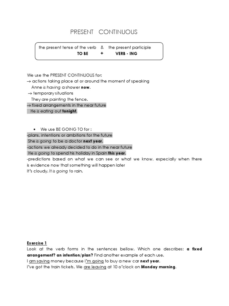 Present Continuous: Exercise 1 Arrangement? An Intention/plan? Find ...