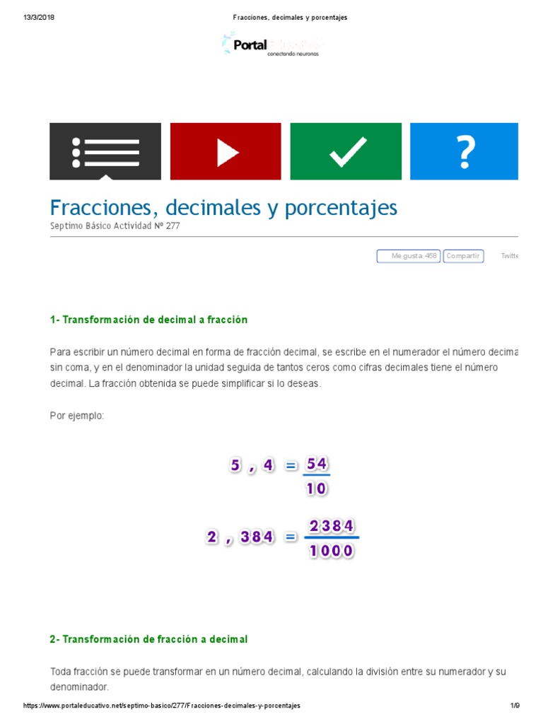 Fracciones, Decimales y Porcentajes | PDF | Fracción (Matemáticas ...
