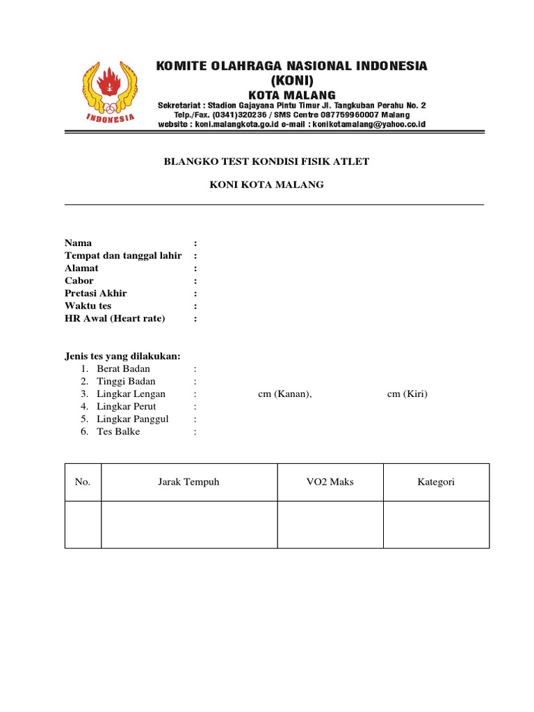 Blangko Test Kondisi Fisik Atlet | PDF