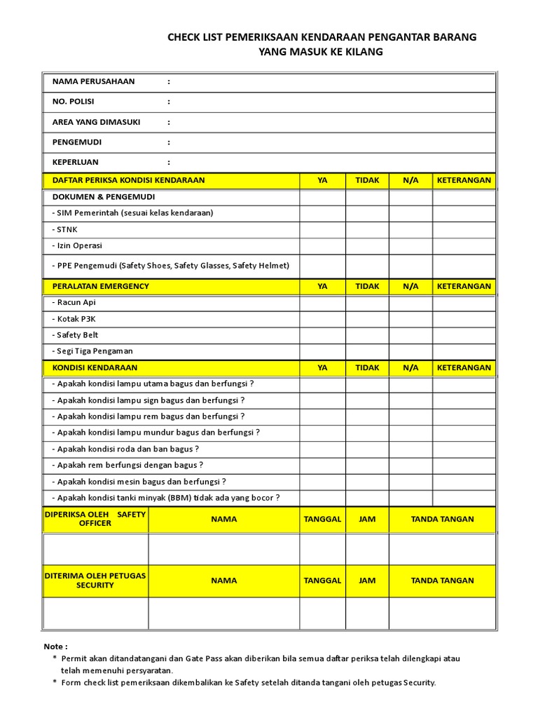 Form Checklist Kendaraan Pengantar Barang | PDF