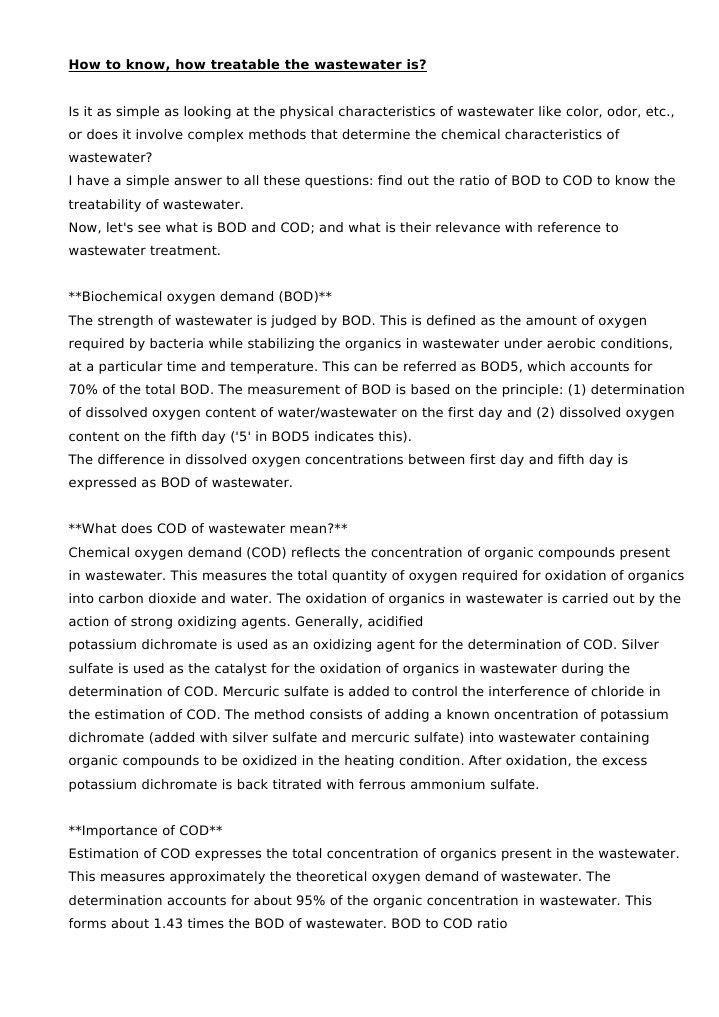 Determine Wastewater Treatability with BOD-COD Ratio | PDF | Wastewater ...