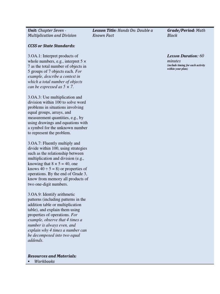 Unit: Chapter Seven - Lesson Title: Hands On: Double A Grade/Period ...
