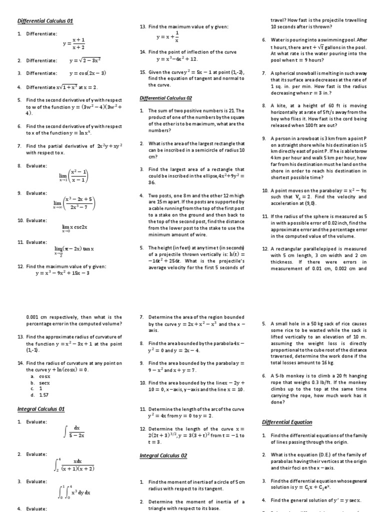 PROBLEM SET (Differential & Integral Calculus and De) | PDF | Area ...