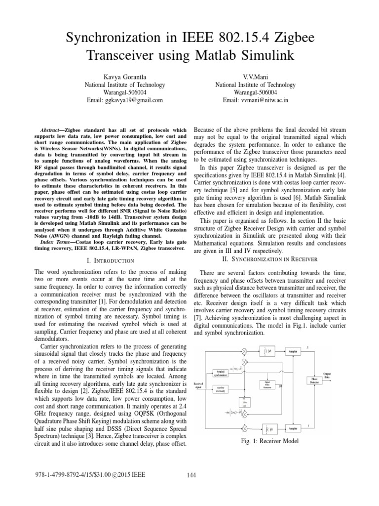 Synchronization in IEEE 802.15.4 Zigbee Transceiver Using Matlab Simulink | PDF | Detector ...