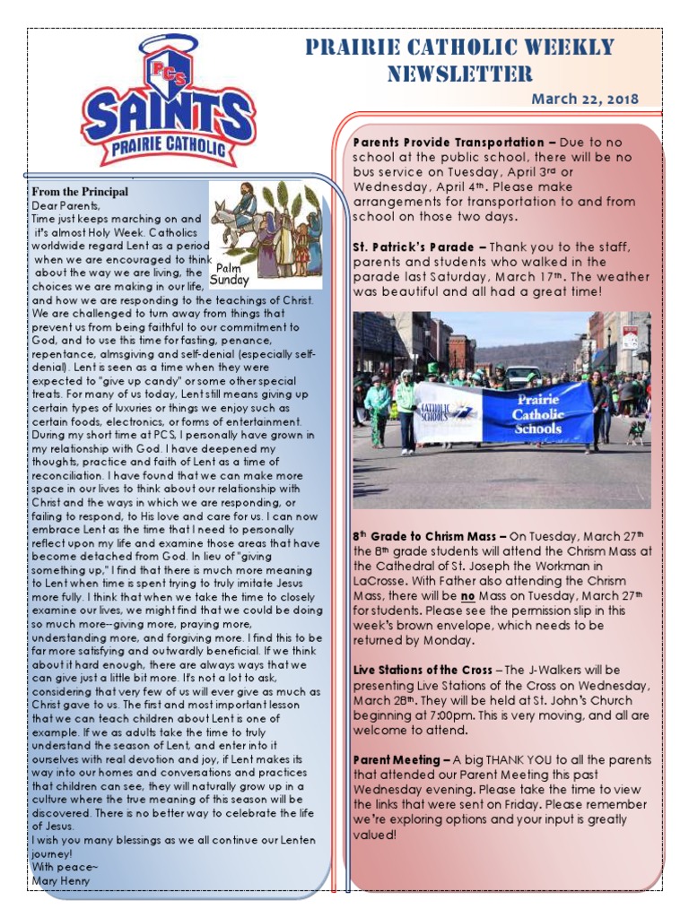 Prairie Catholic Weekly Newsletter: March 22, 2018 | PDF | Lent | Penance