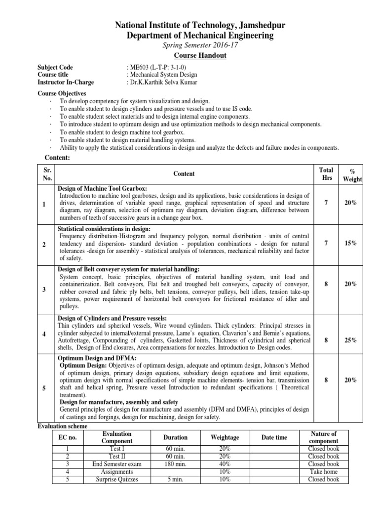 Mechanical System Design Course Outline | PDF | Belt (Mechanical) | Design