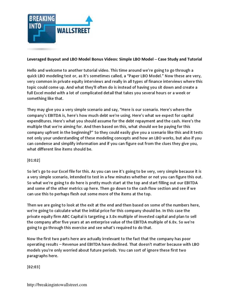 109 04 Simple LBO Model | PDF | Leveraged Buyout | Earnings Before Interest