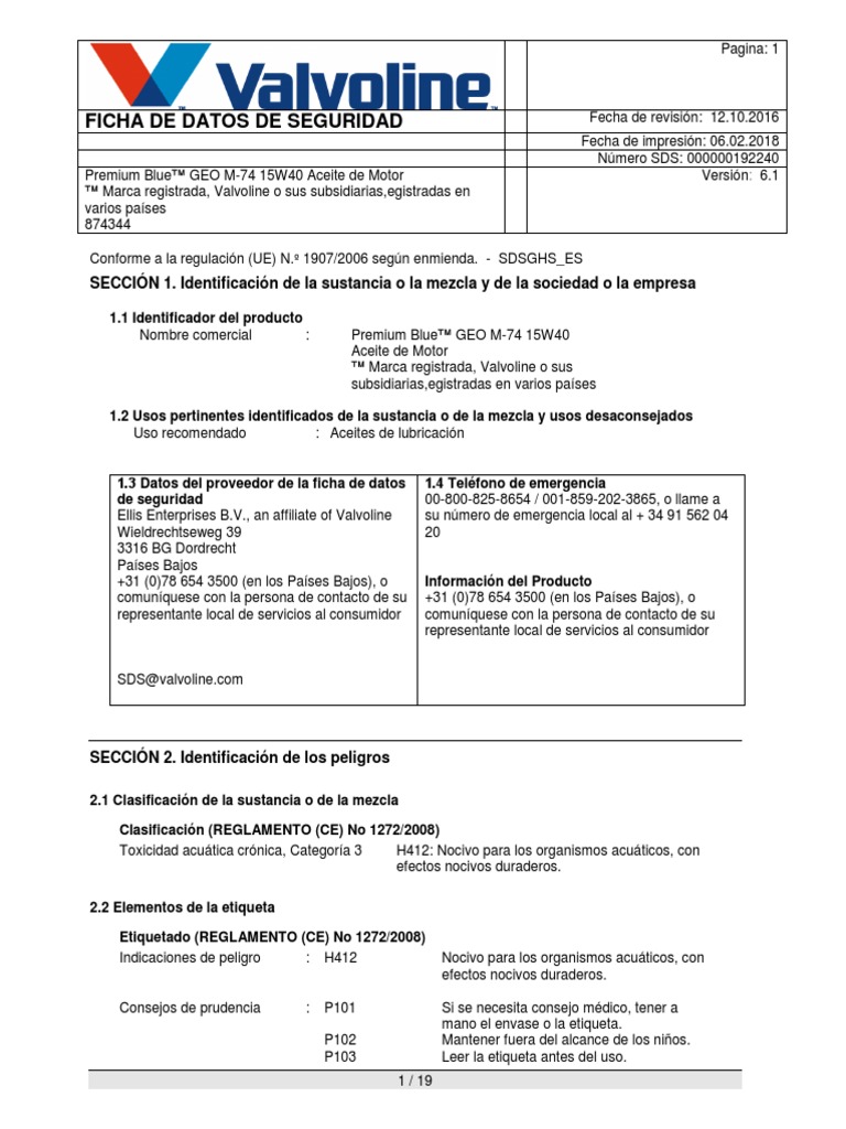 Msds 28 - Premium Blue Geo 15w40 | PDF | Toxicidad | Agua