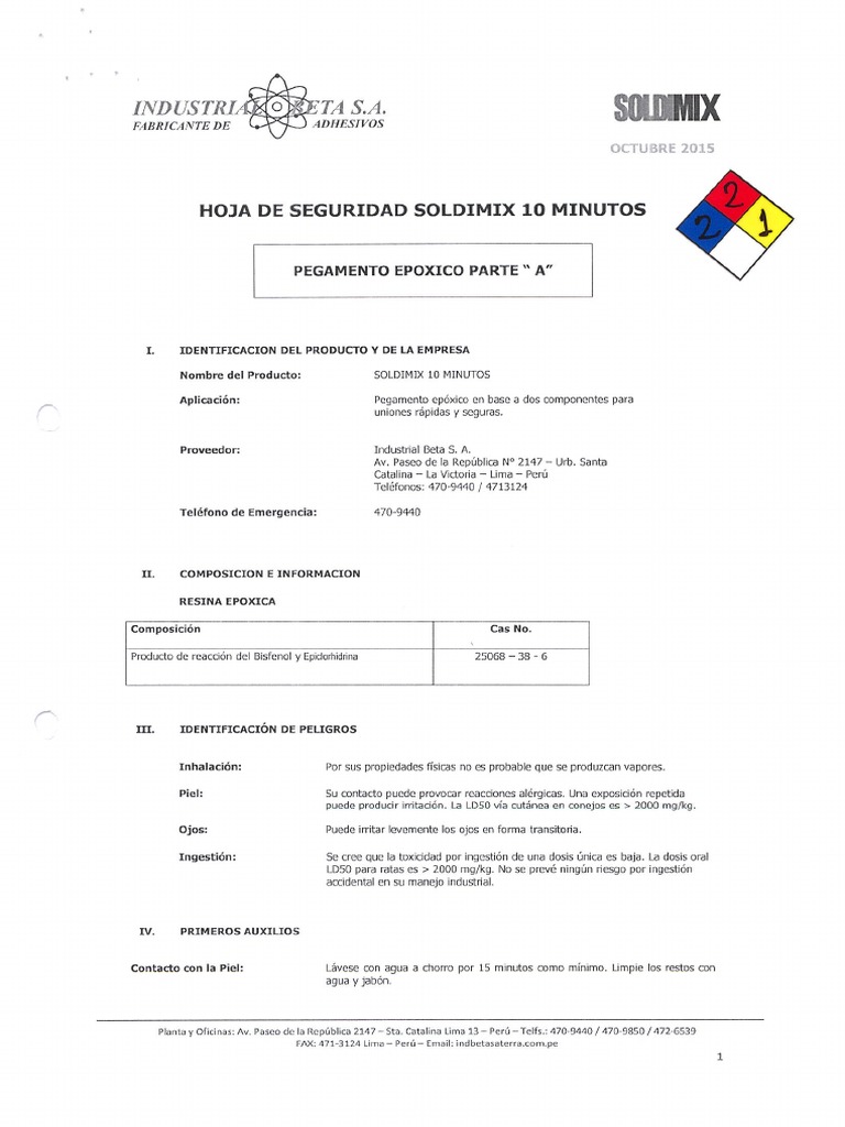 MSDS 35 - Pegamento Epoxico Soldimix 10 Min | PDF