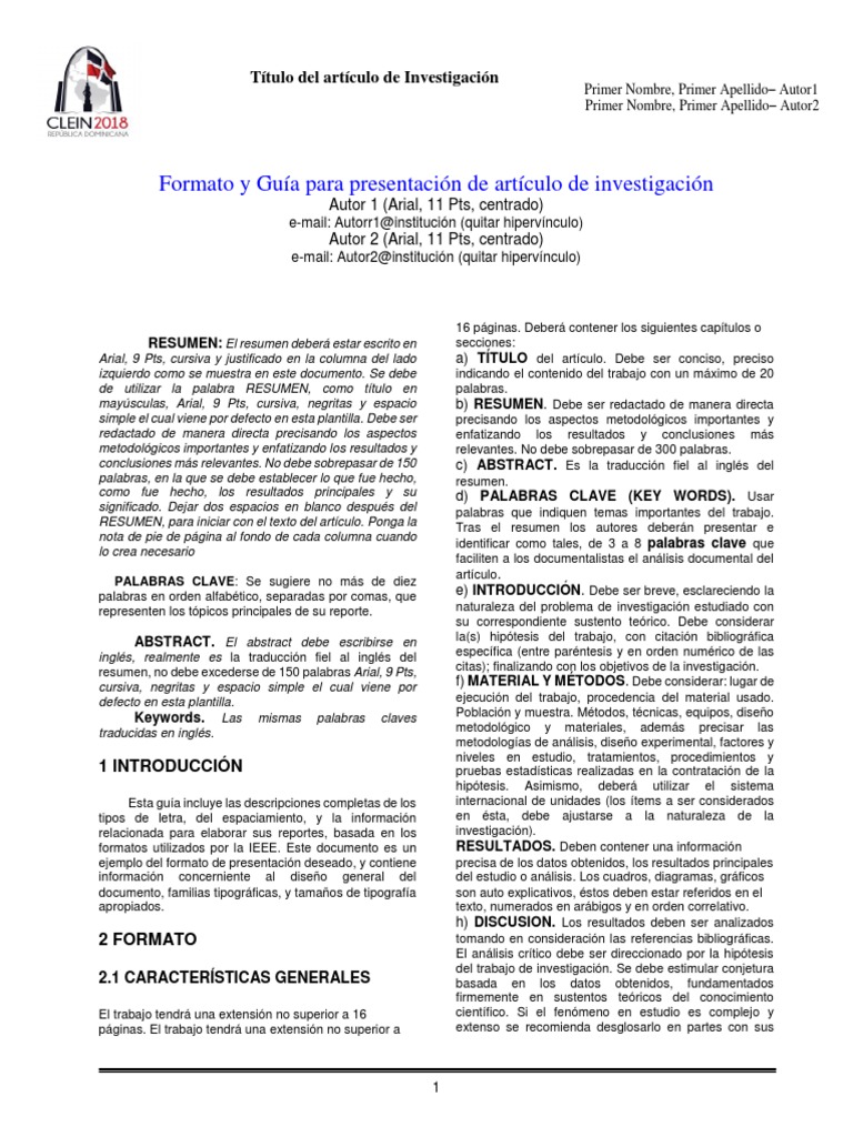 Formato de Artículo - PEP CLEIN RD 2018 | PDF | Sumario abstracto ...