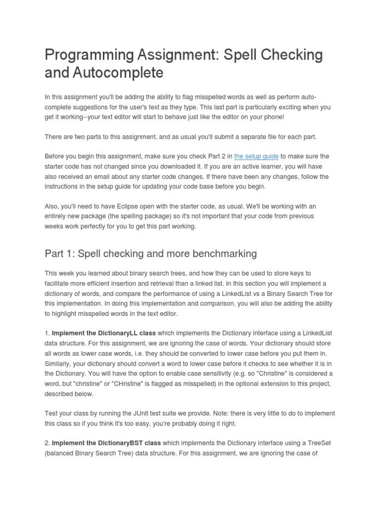 Programmingassignment Spellcheckingandautocomplete 2 Pdf Letter Case Java Programming