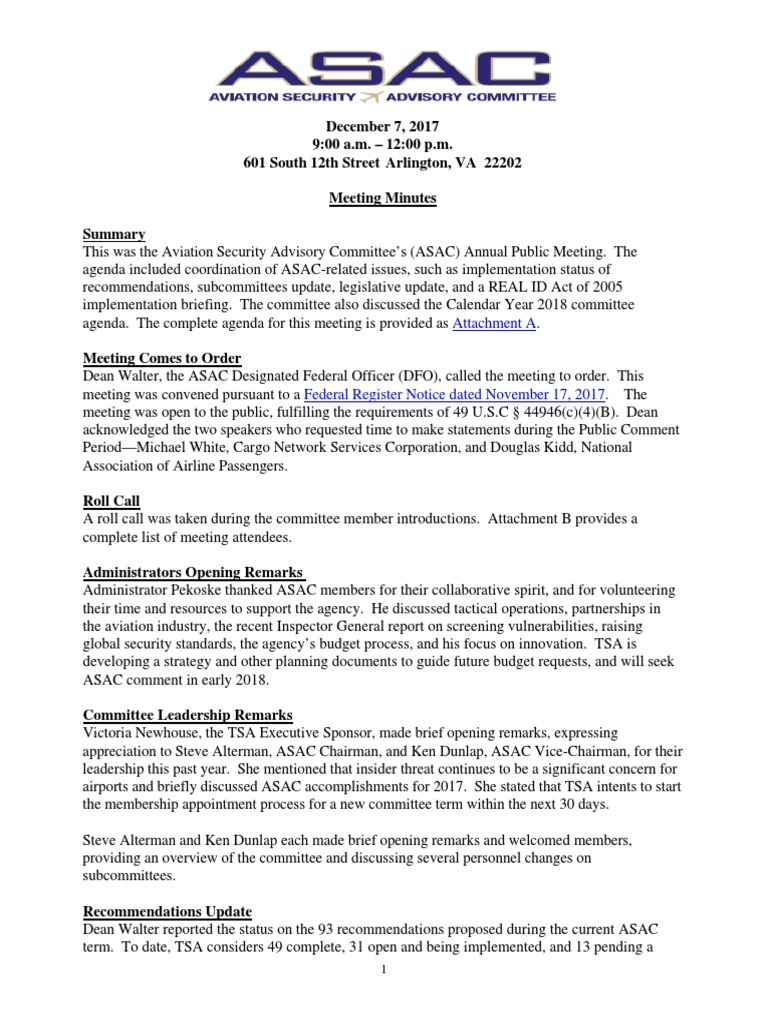 Asac Meeting Minutes 7dec2017 | PDF | Transportation Security ...