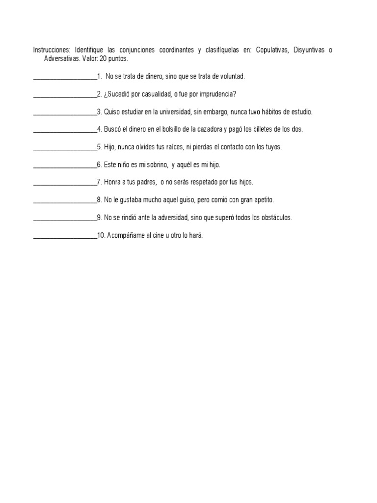 Ejercicio de Conjunciones Coordinadas | PDF