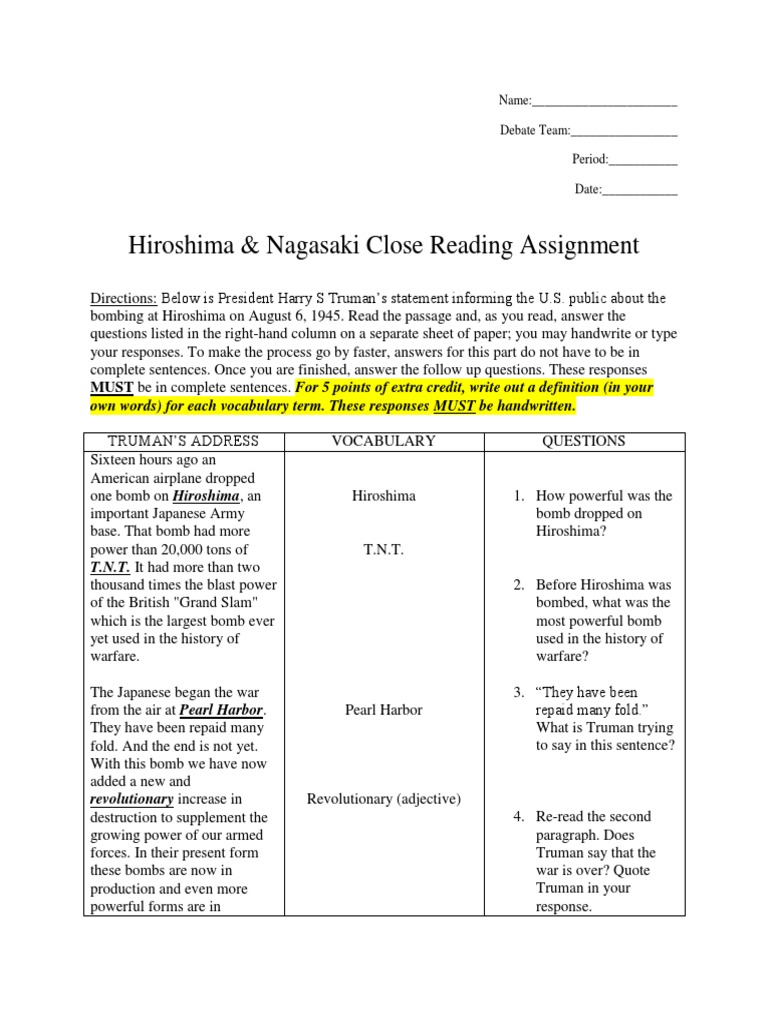 Hiroshima & Nagasaki Reading Task | PDF | Nuclear Weapons | Atomic ...