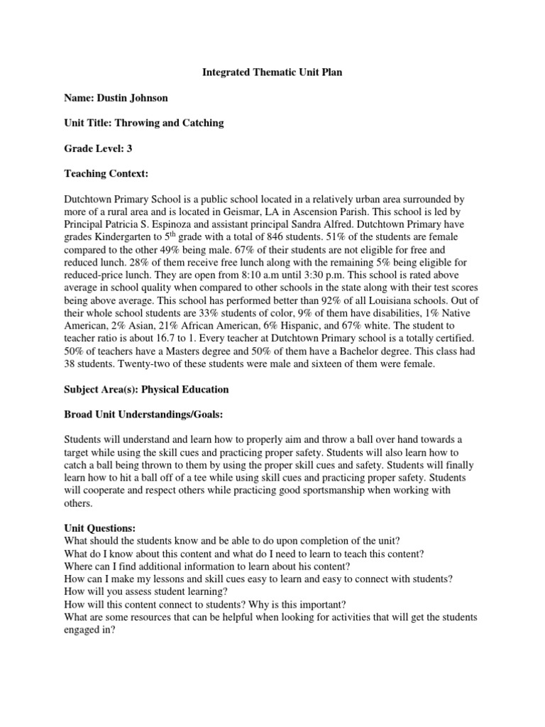 Integrated Thematic Unit Plan Name: Dustin Johnson Unit Title: Throwing ...