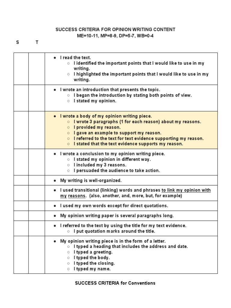 Success Criteria Opinion Writing - School Uniforms | PDF | Paragraph | Word