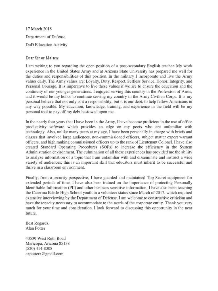 Dodea Cover Letter | PDF | Officer (Armed Forces) | Army