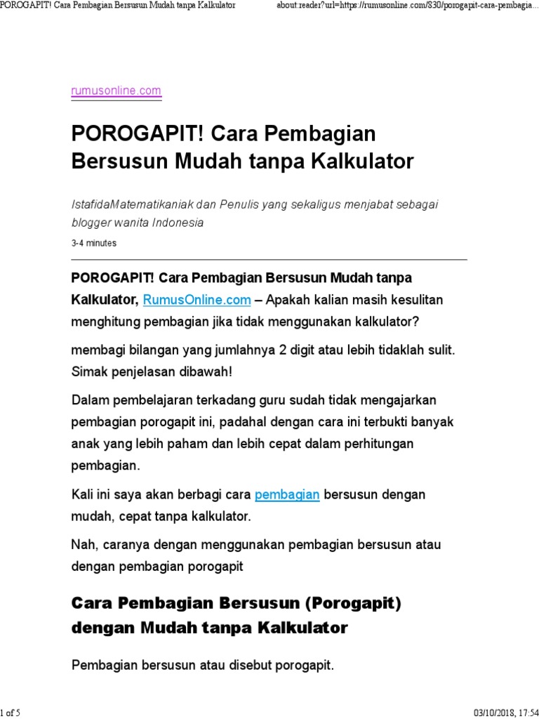 POROGAPIT! Cara Pembagian Bersusun Mudah Tanpa Kalkulator | PDF