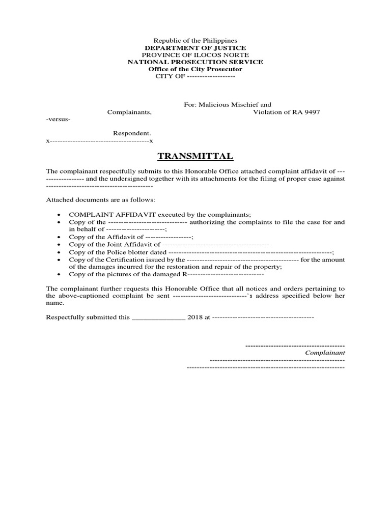 Transmittal: Department of Justice National Prosecution Service Office ...