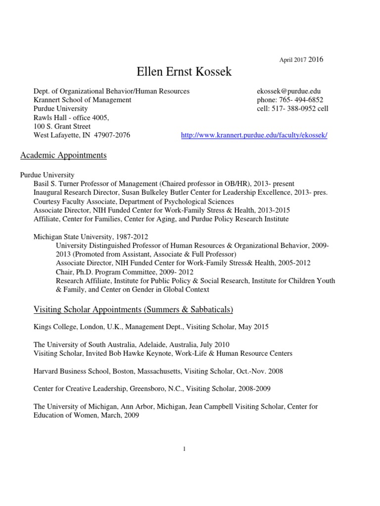 Ellen Kossek Resume | PDF | Human Resource Management | Psychology