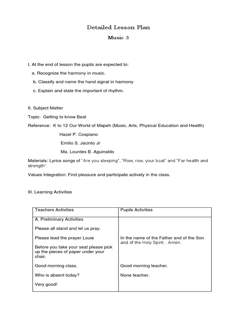 Detailed Music Lesson Plan for Grade 3 | PDF | Lesson Plan | Singing