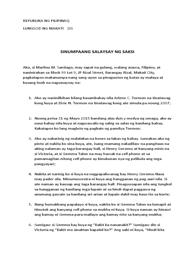 Sinumpaang Salaysay Ng Testigo