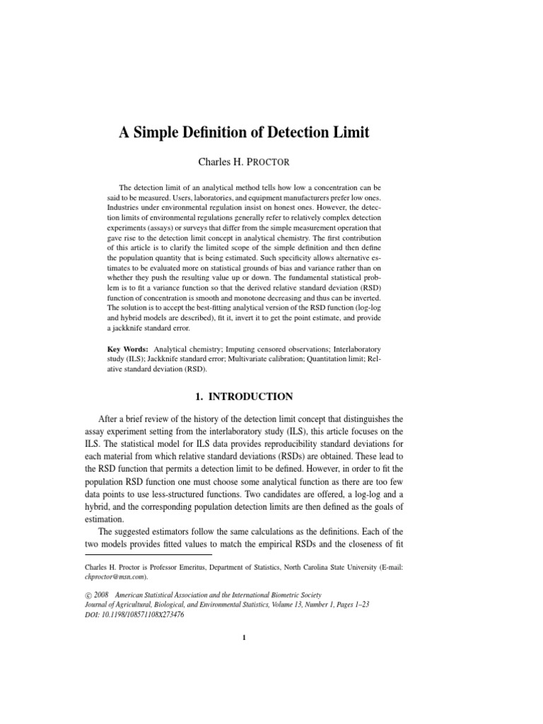 A Simple Definition of Detection Limit: Charles H. P | PDF | Detection ...